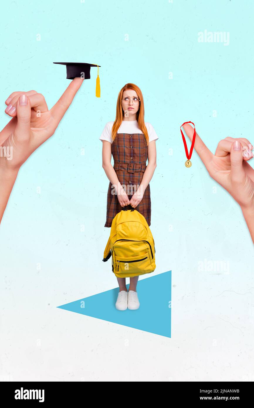 Vertical collage picture of minded uncertain girl hold rucksack look ...