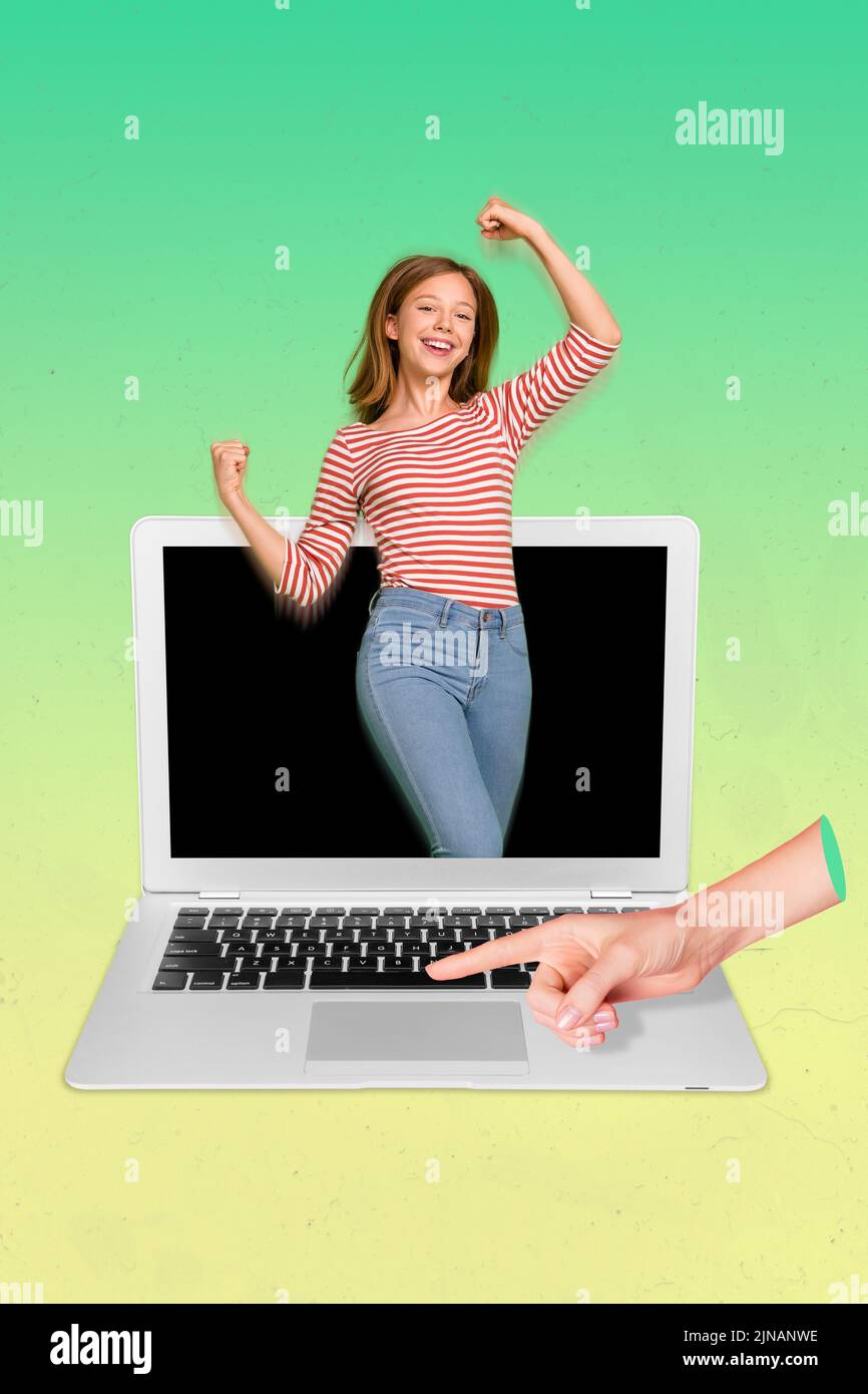 Vertical Collage Image Of Big Arm Finger Point Netbook Delighted Girl Display Raise Fists