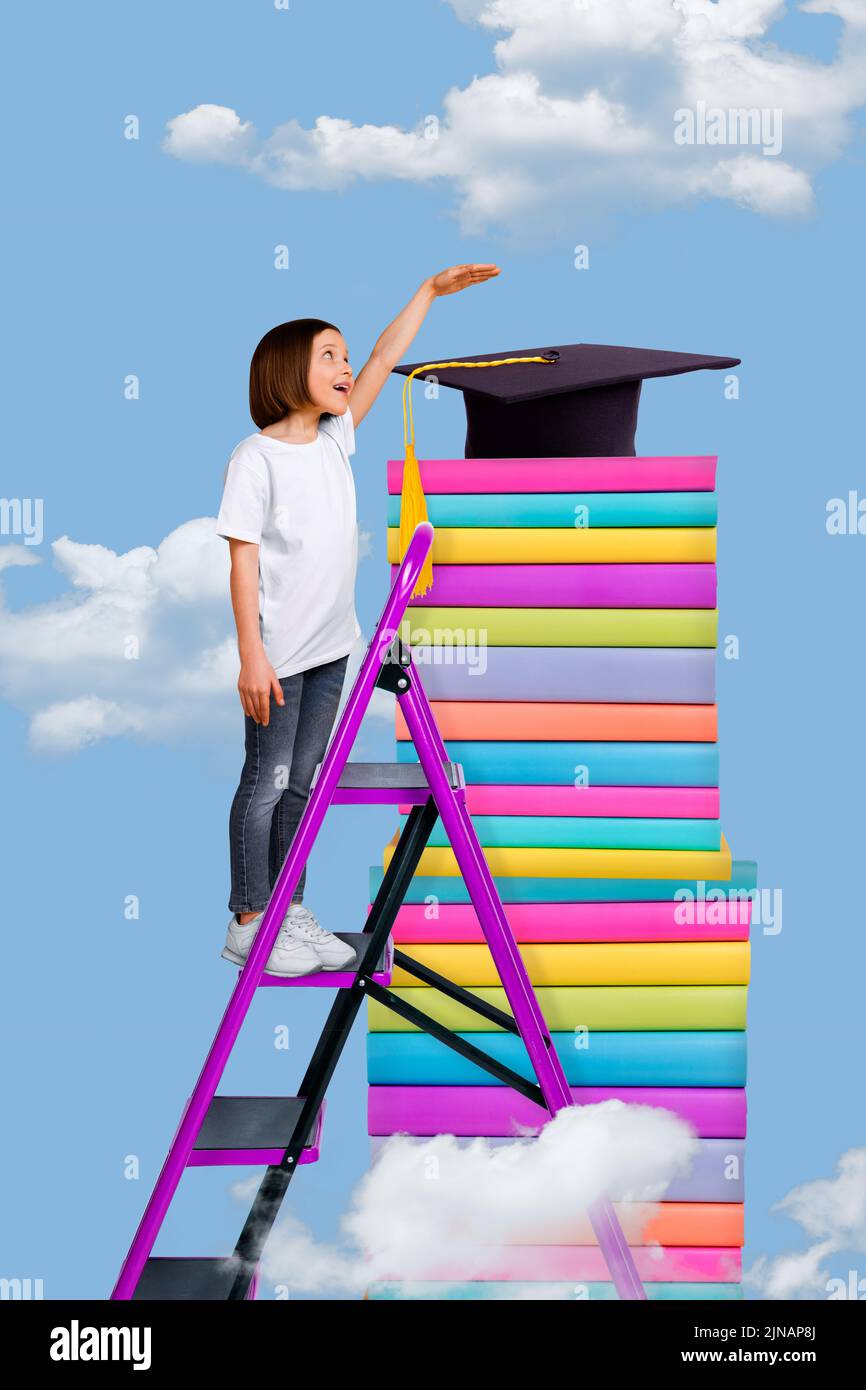 Vertical collage image of funny little girl climb ladder hand measure ...