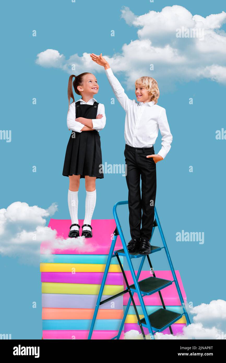 Vertical collage image of two small kids stand ladder pile stack book ...