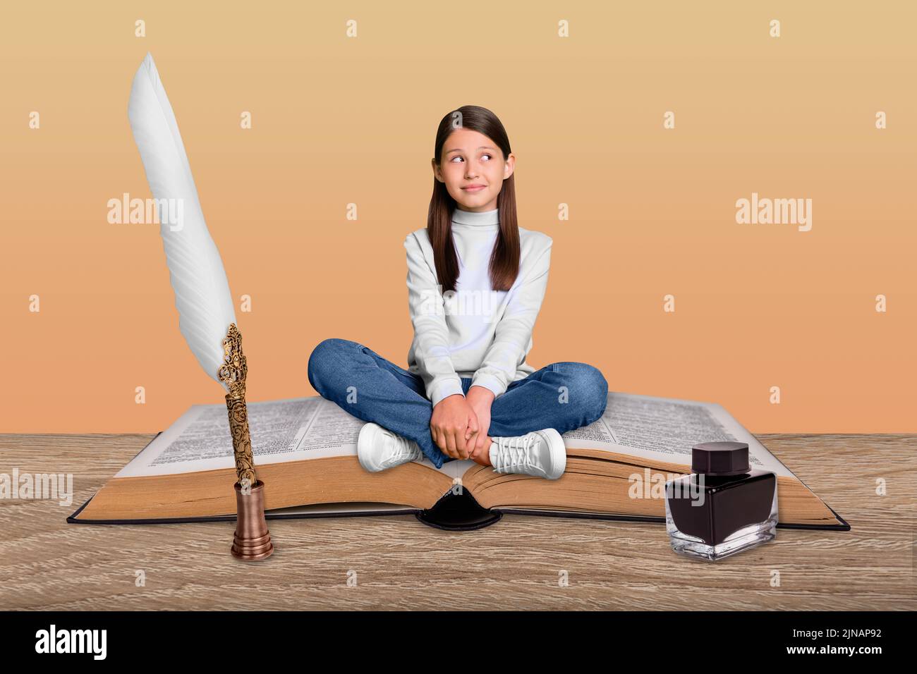 Creative collage image of small clever girl sit big opened book ...