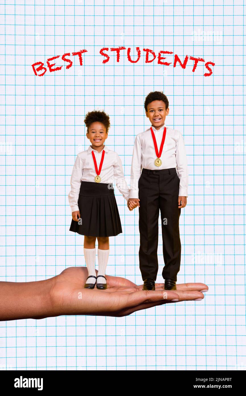 Vertical collage of huge palm hold two small kids wear gold medal hold ...