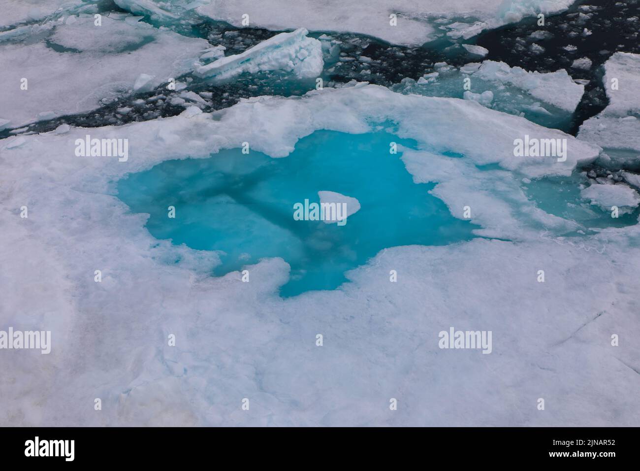 Floating Pack Ice in the arctic ocean. The snow covered blue glacial ...