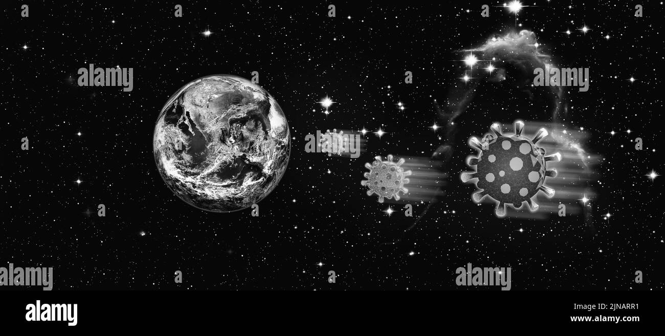 Viruses is attacking the planet Earth. Starry sky. Black and white ...
