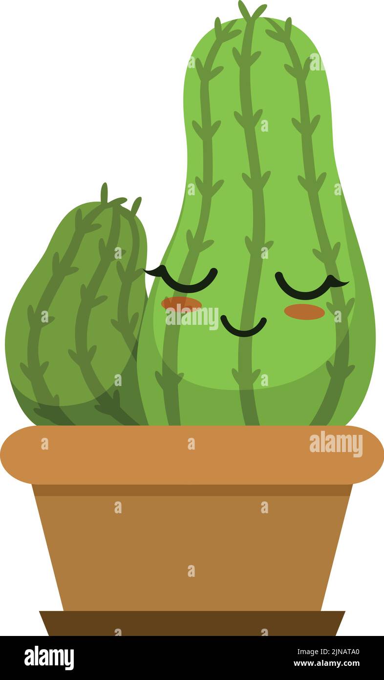 Green cartoon cactus with eyes closed. Happy cacti in flowerpot Stock ...