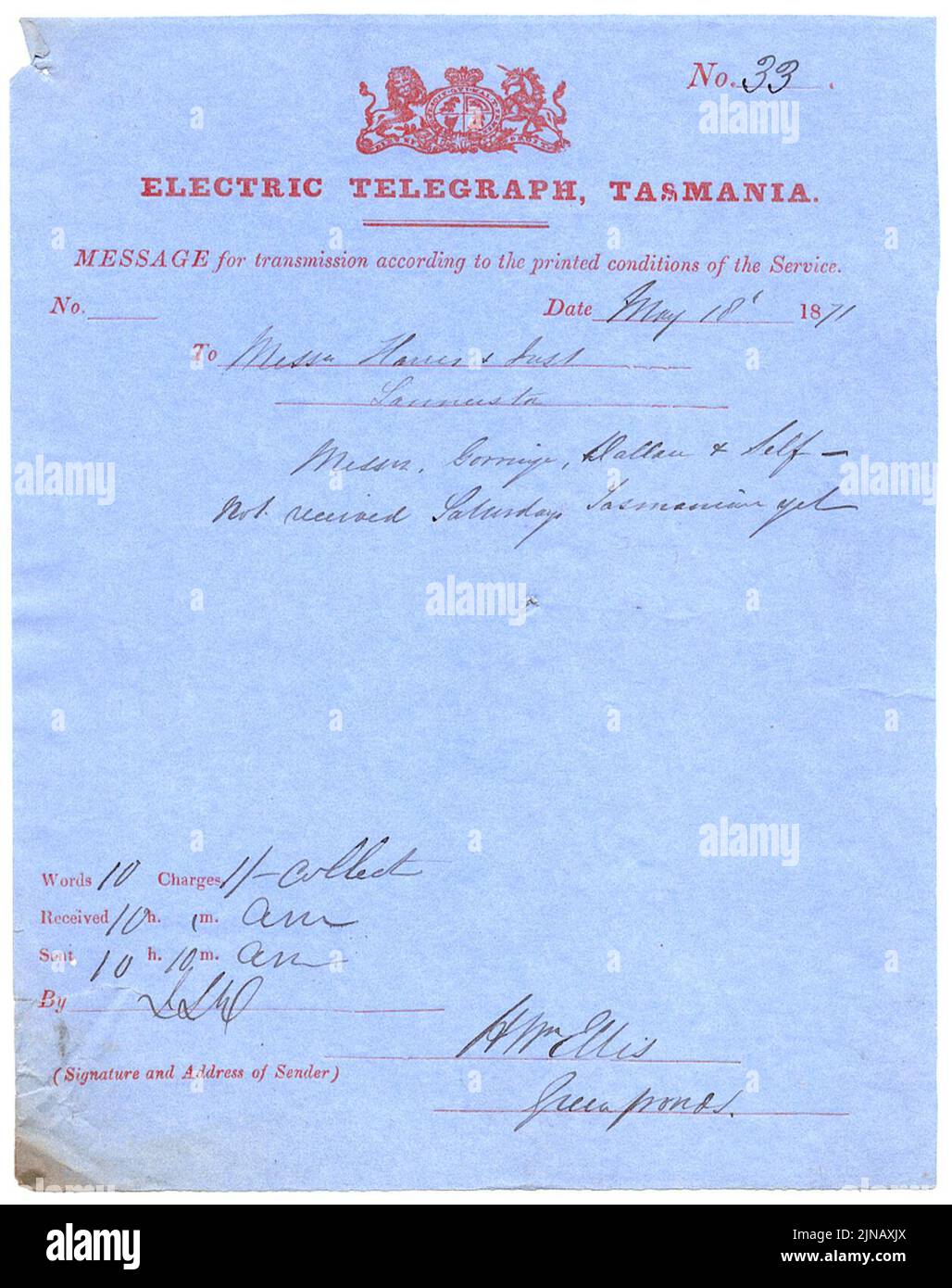 Tasmania 1871 telegraph form Stock Photo - Alamy