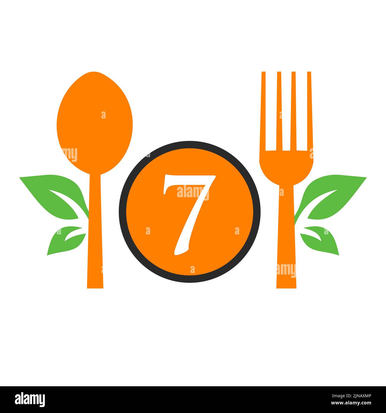 Restaurant Logo On Letter 7 Template. Spoon and Fork, Leaf Symbol for ...