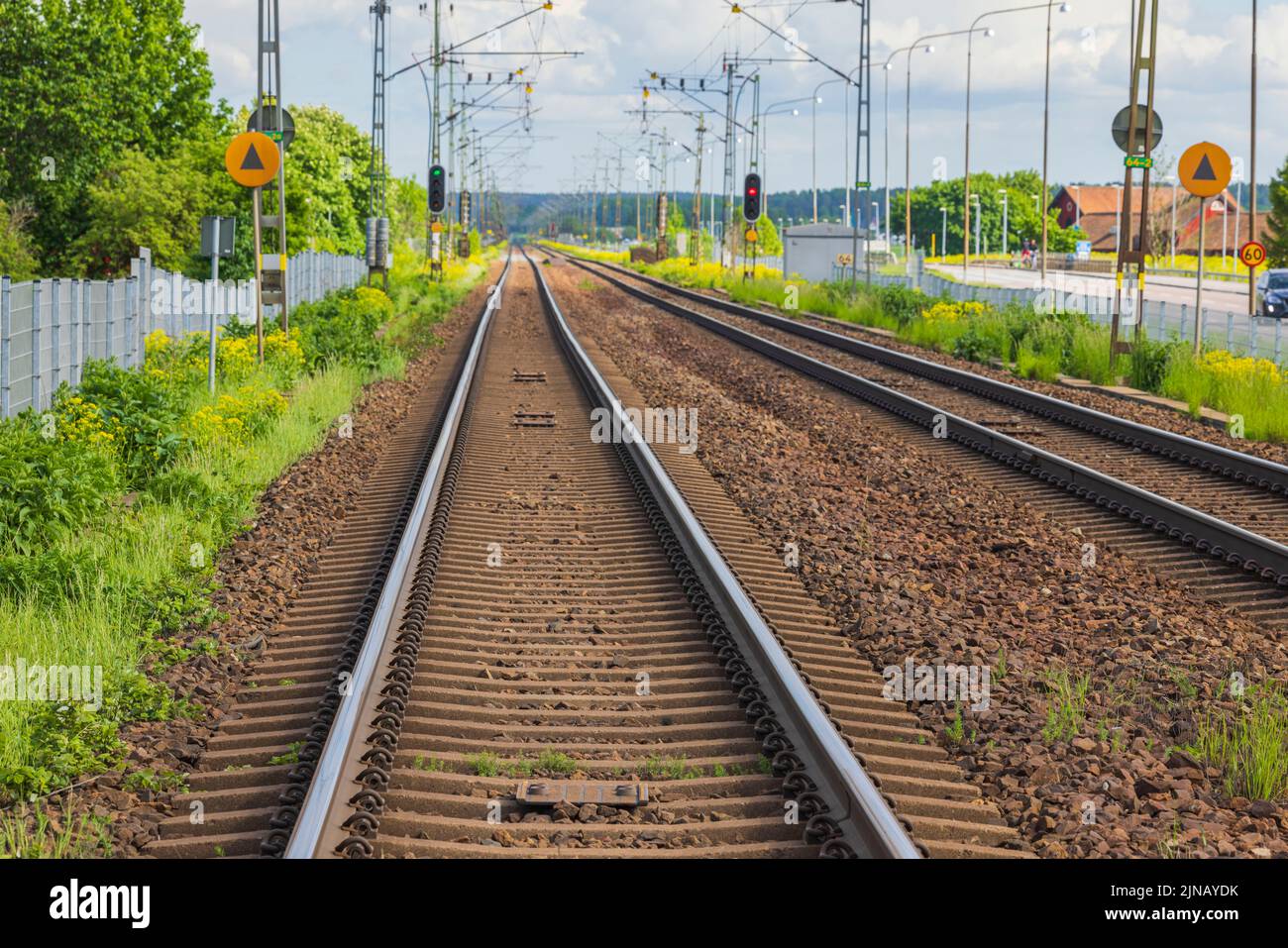 Industrial view of railroad track in city on summer day. Transportation ...