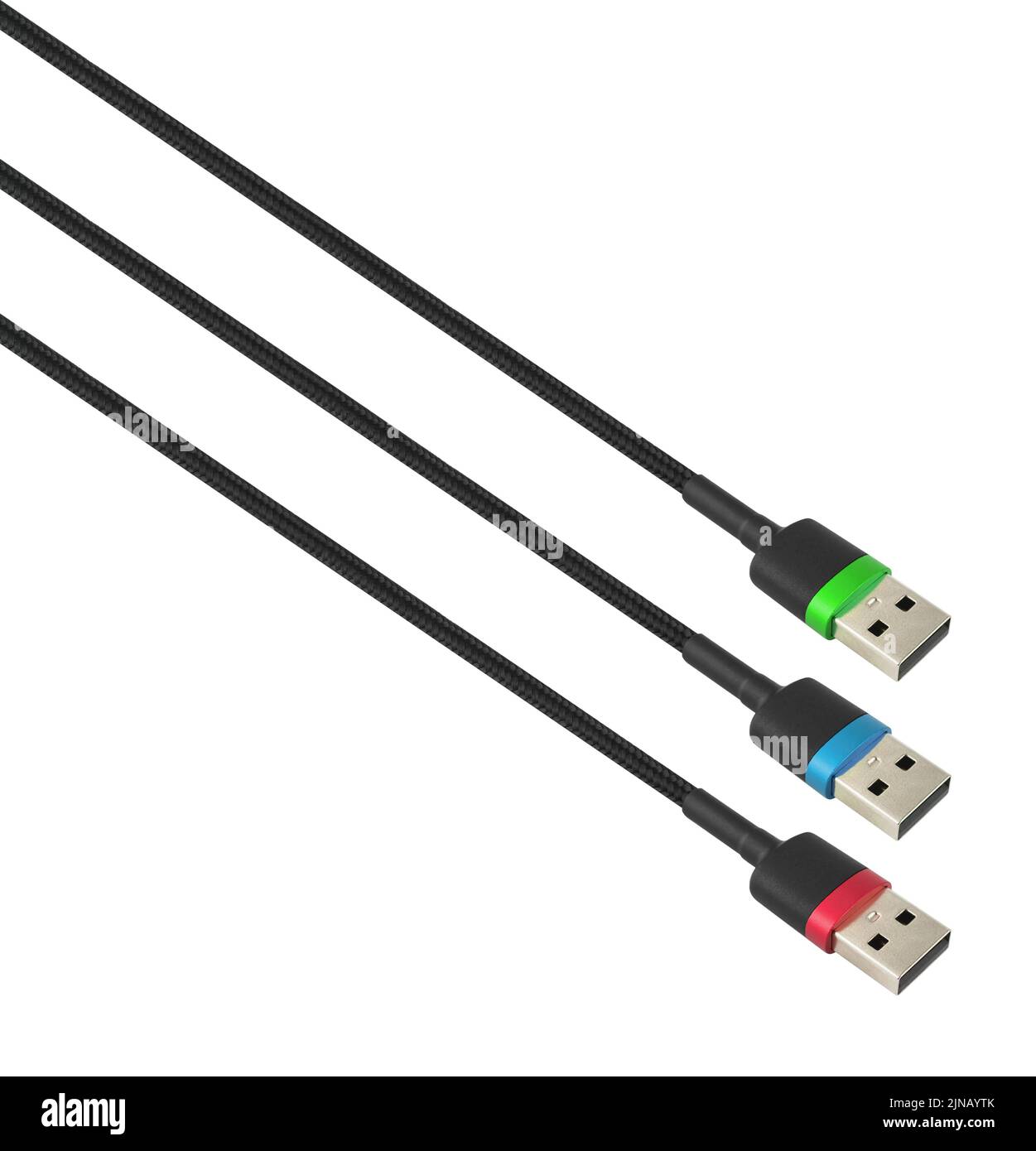 three cables with a USB connector, in RGB colors, isolated on a white ...