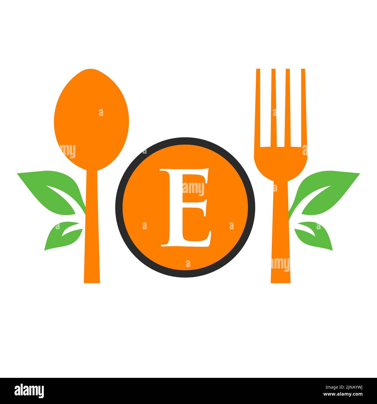 Restaurant Logo On Letter E Template. Spoon and Fork, Leaf Symbol for ...