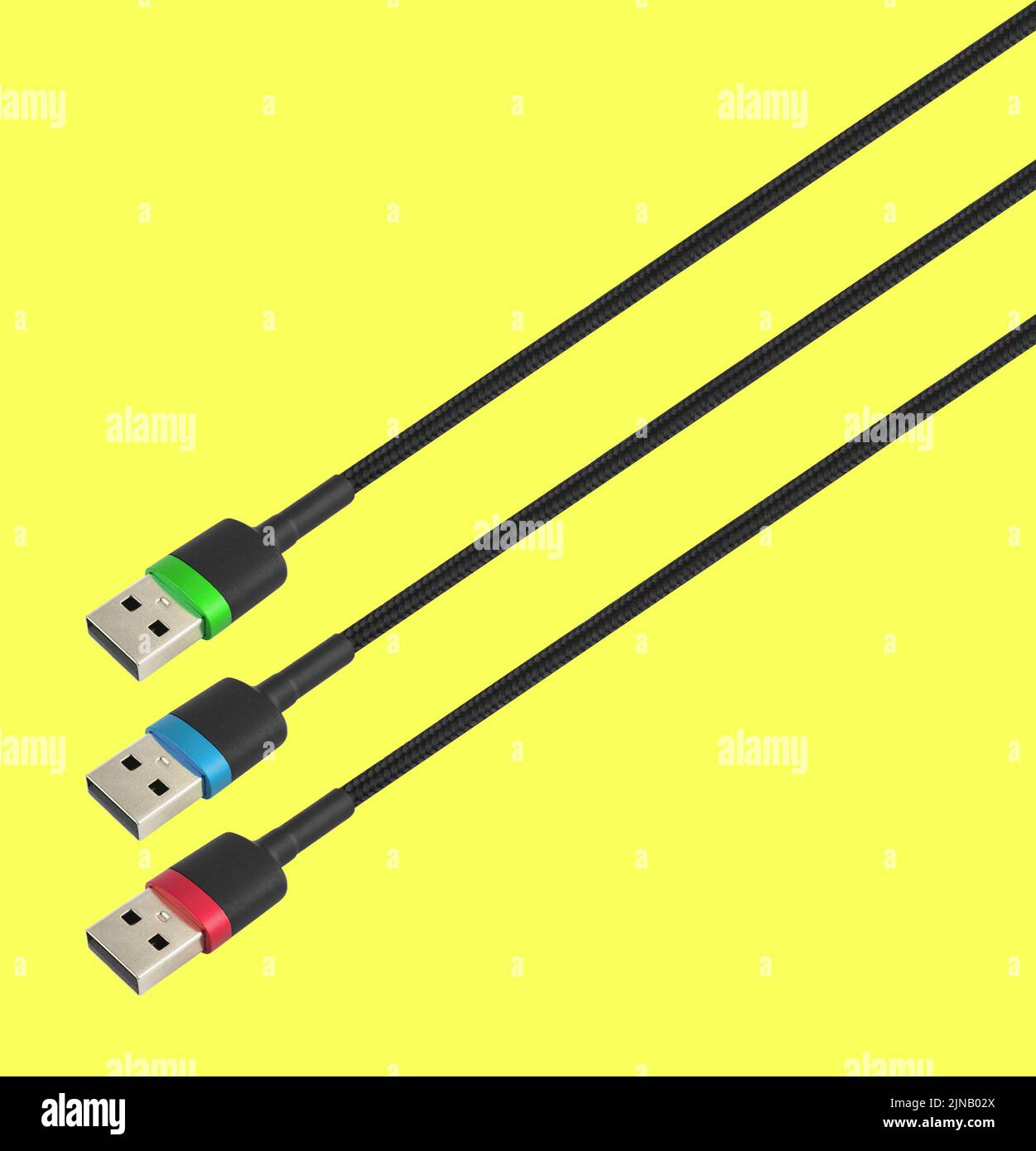 three cables with a Type-C connector, in RGB colors, isolated on a ...
