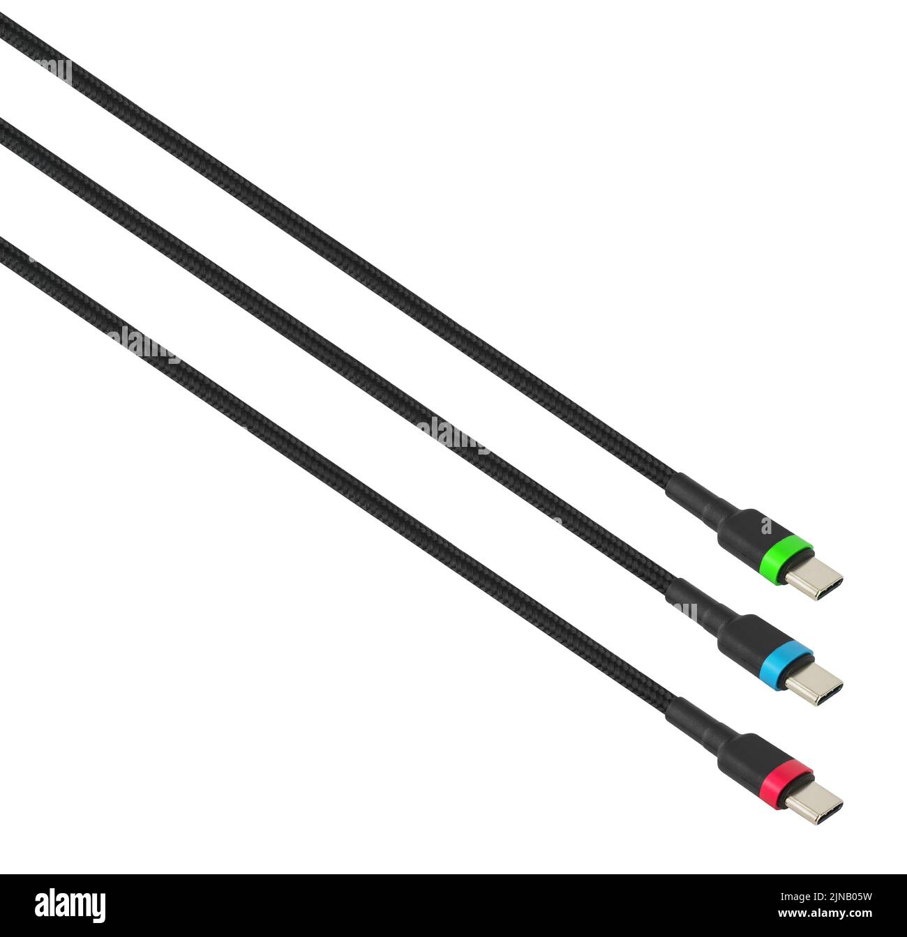 three cables with a Type-C connector, in RGB colors, isolated on a ...