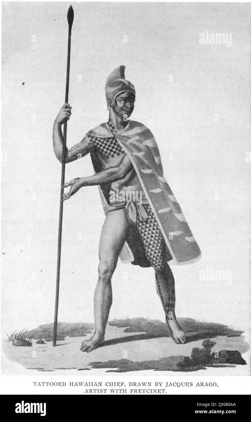 Tattooed Hawaiian Chief, Drawn by Jacques Arago, Artist with Freycinet ...