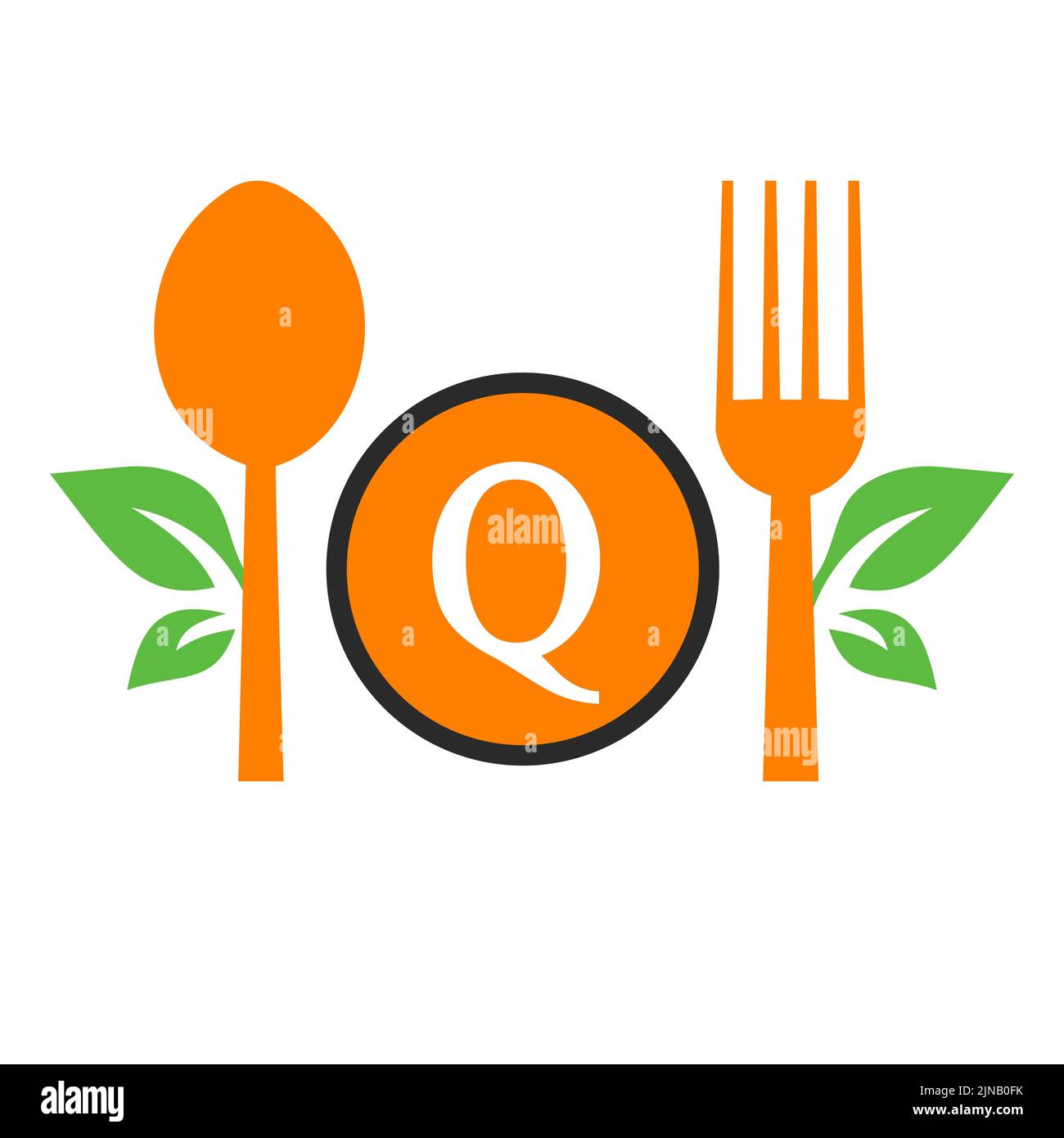 Restaurant Logo On Letter Q Template. Spoon and Fork, Leaf Symbol for ...