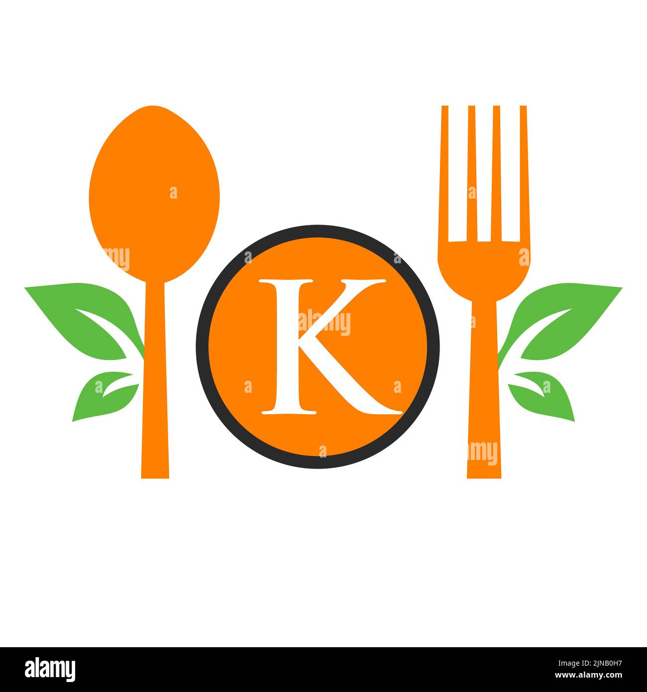 Restaurant Logo On Letter K Template. Spoon and Fork, Leaf Symbol for ...