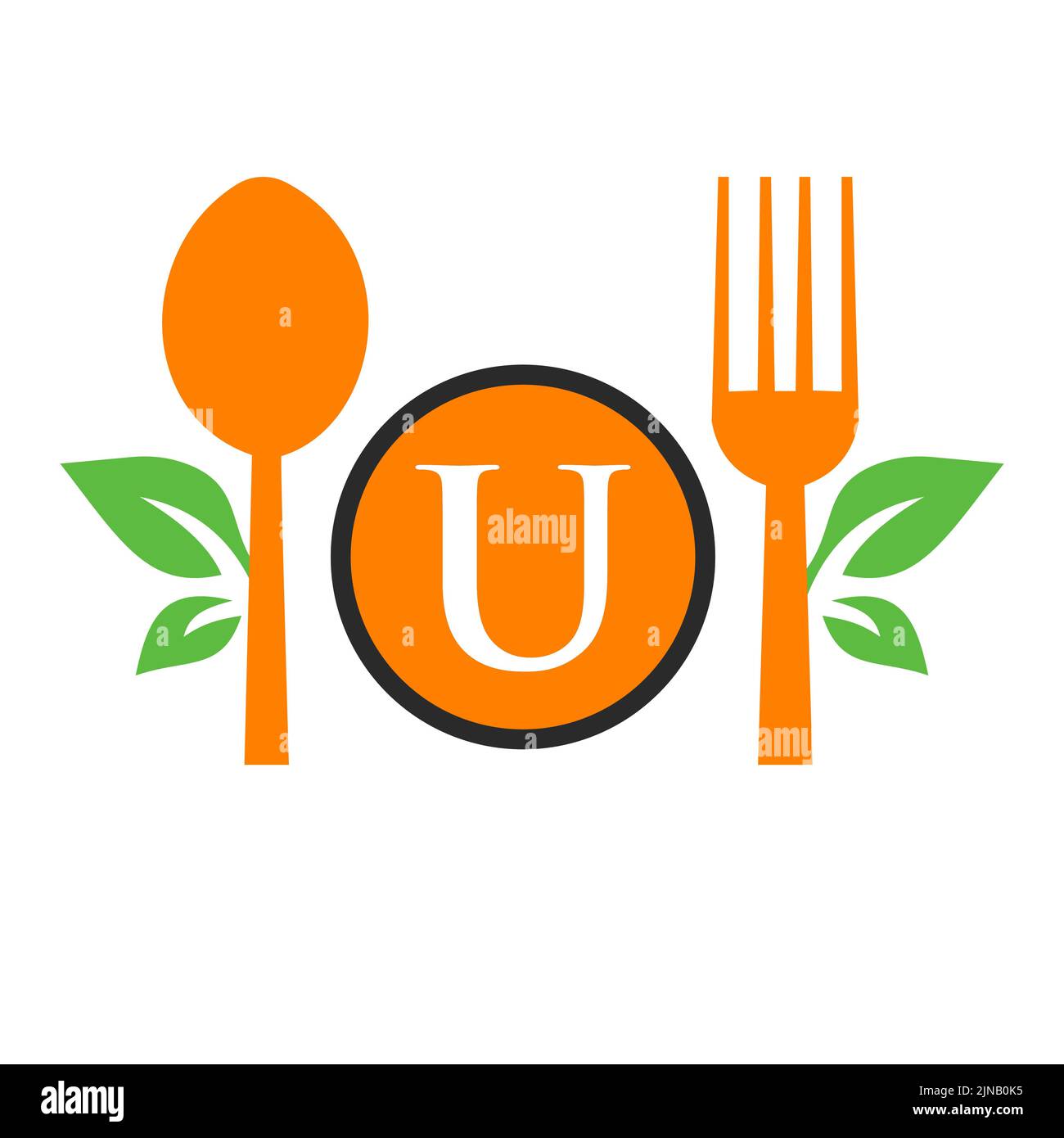 Restaurant Logo On Letter U Template. Spoon and Fork, Leaf Symbol for ...