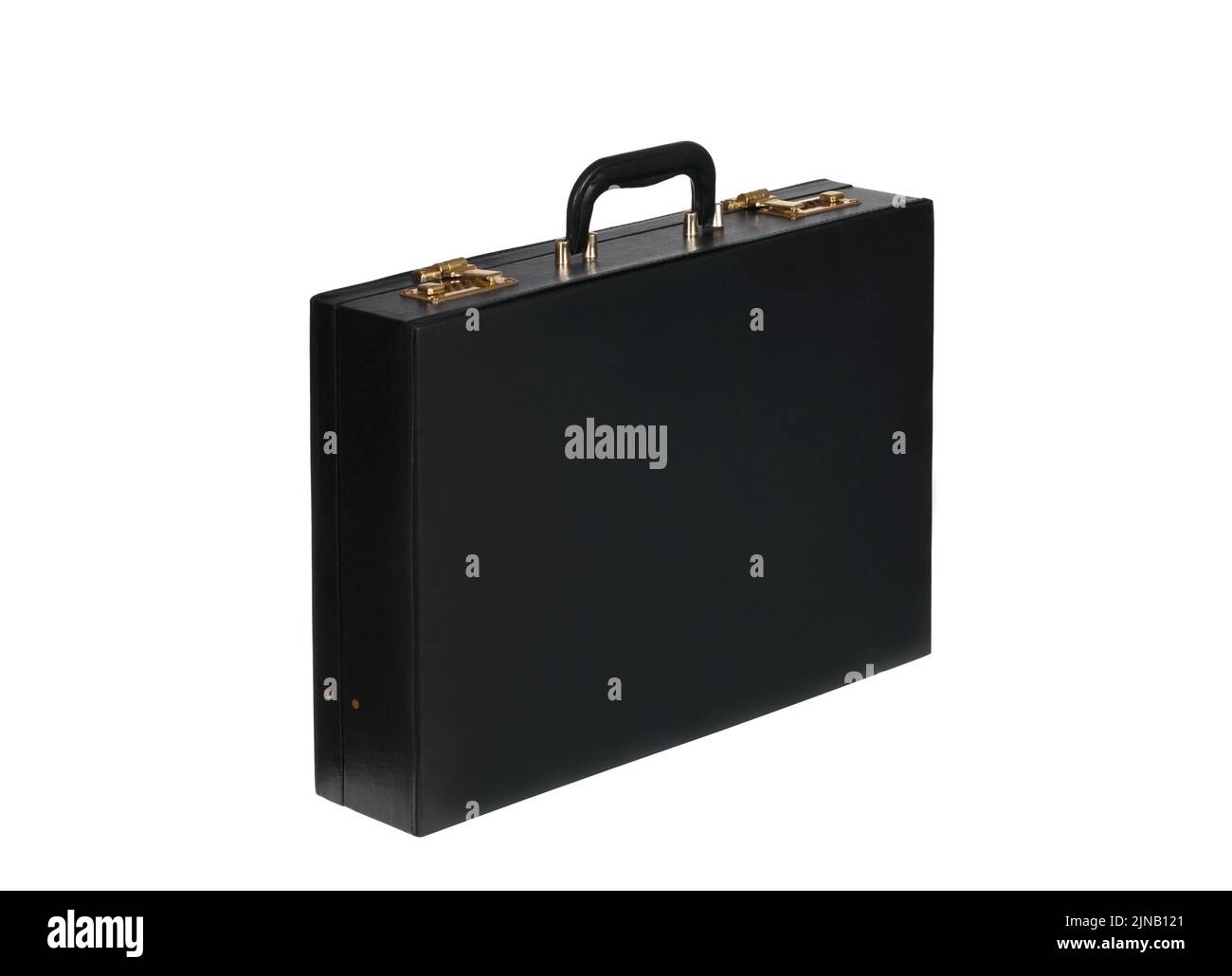 The men`s black leather briefcase fork, glass and plate on a white ...