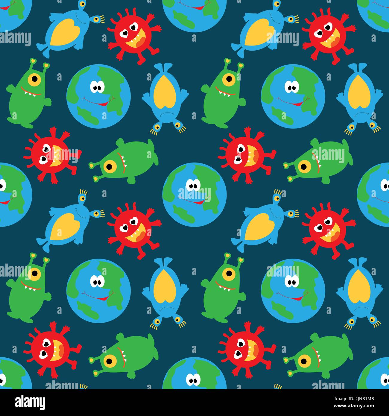 Cute planet and funny multicolored aliens on a blue seamless background ...