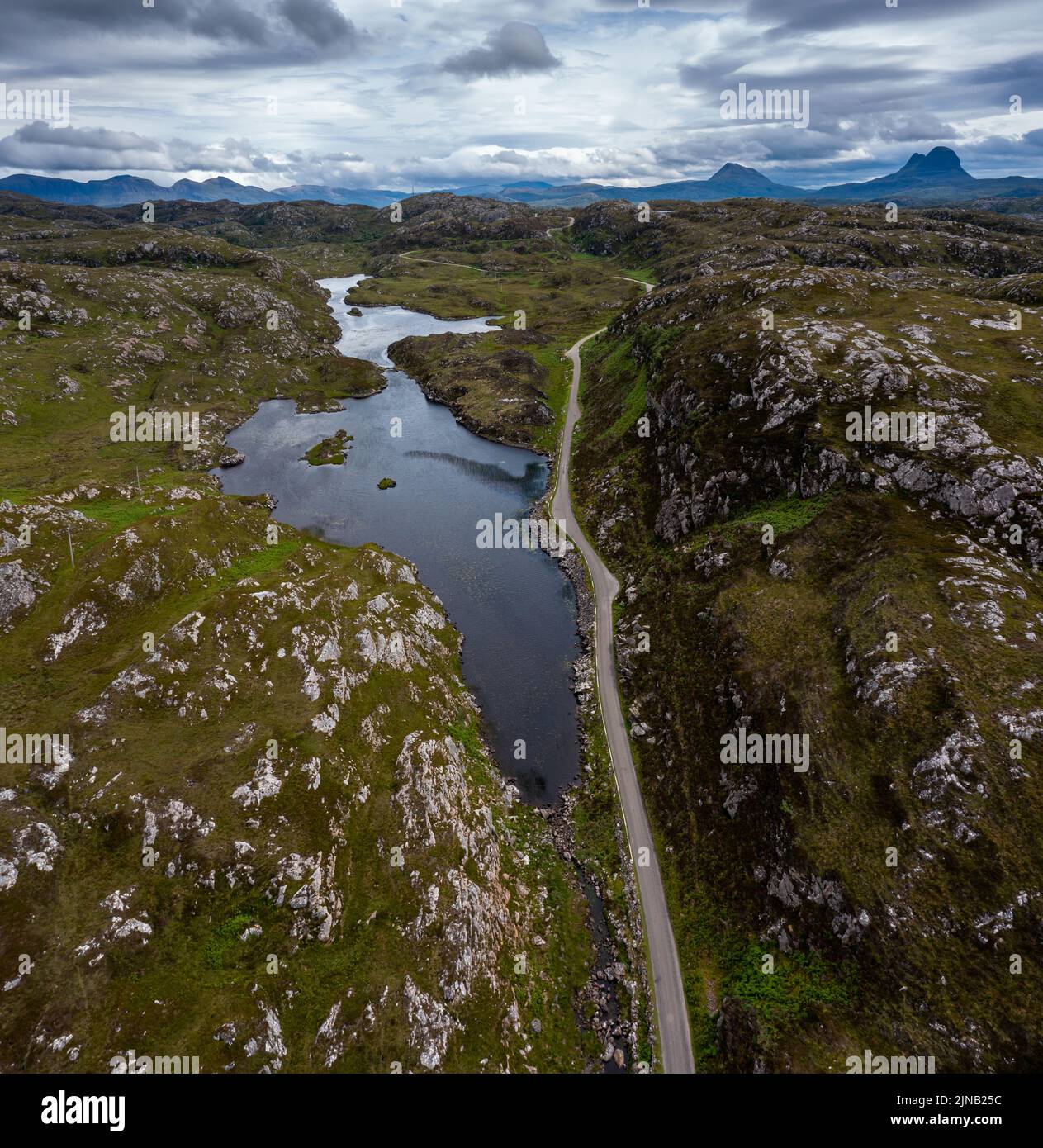drone view of a coastal road and landscape on the North Coast 500 ...