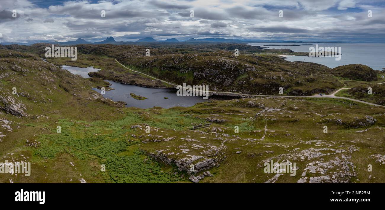 drone view of a coastal road and landscape on the North Coast 500 ...