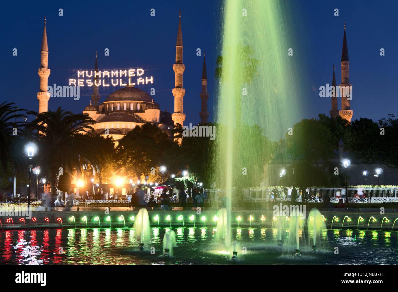 Istanbul, Turkey: Blue Mosque in the evening light. The illuminated ...