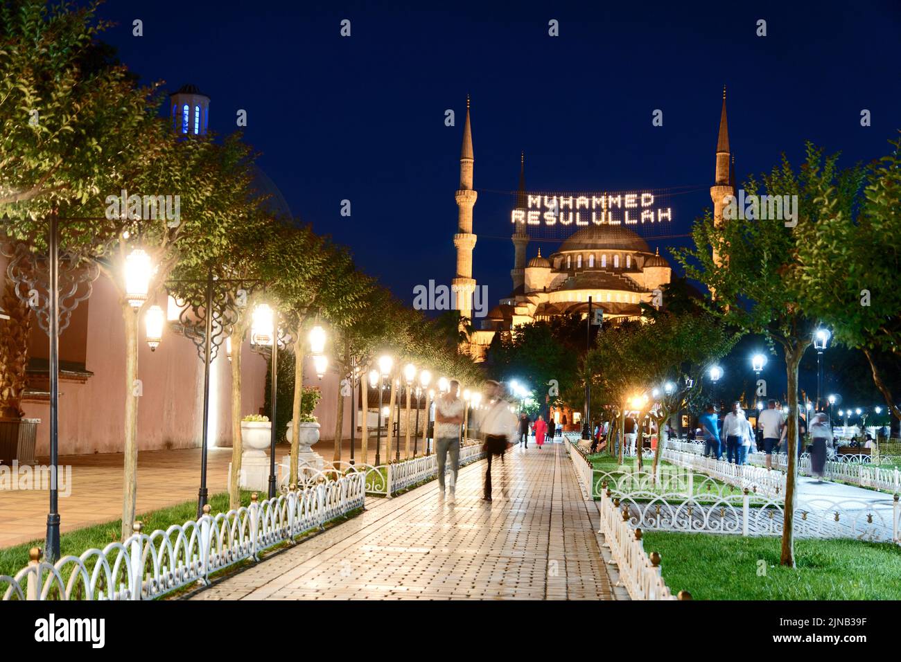 Istanbul, Turkey: Blue Mosque in the evening light. The illuminated ...