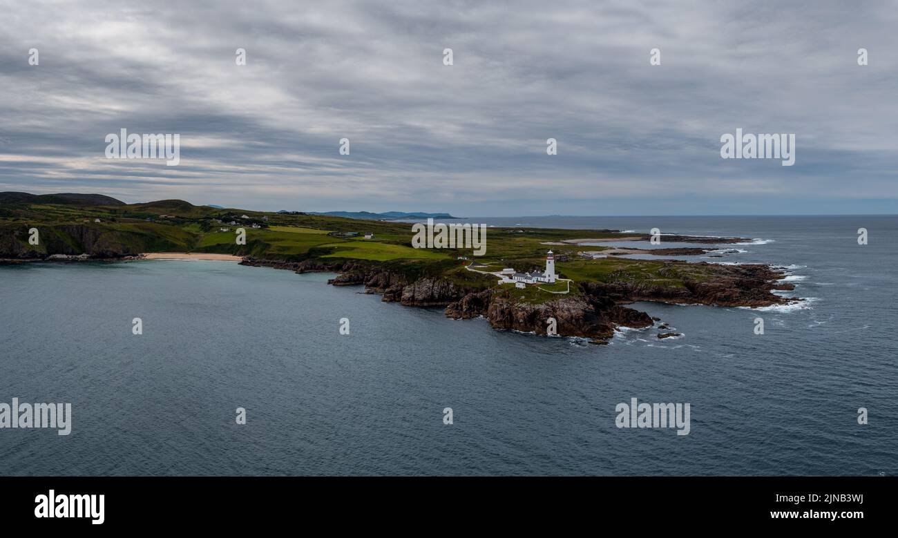 A panorama drone landscape view of Fanad Head Lighthouse and Peninsula ...