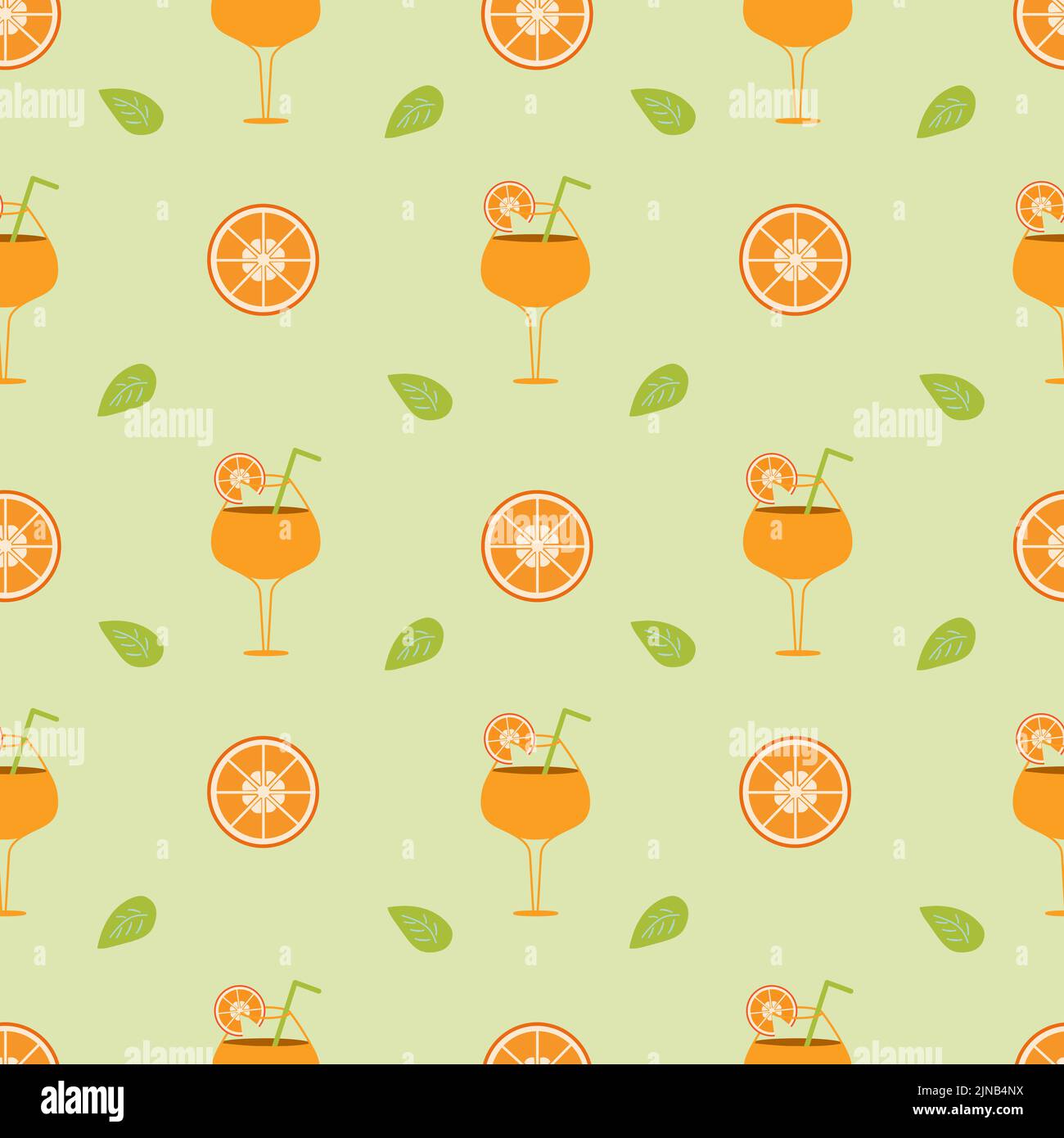 Background with orange cocktail and orange slices with leaf on a green ...