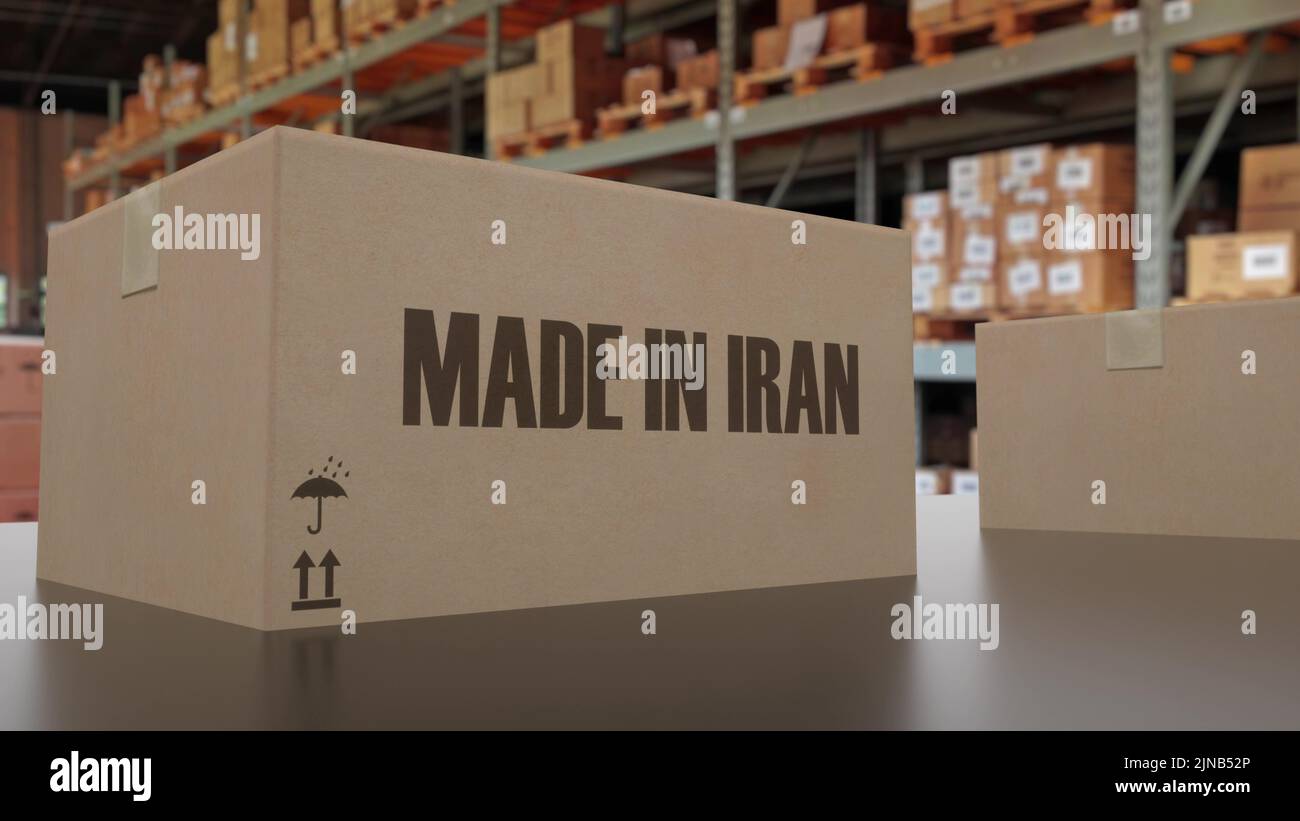 Boxes with MADE IN IRAN text on conveyor. 3d illustration Stock Photo ...