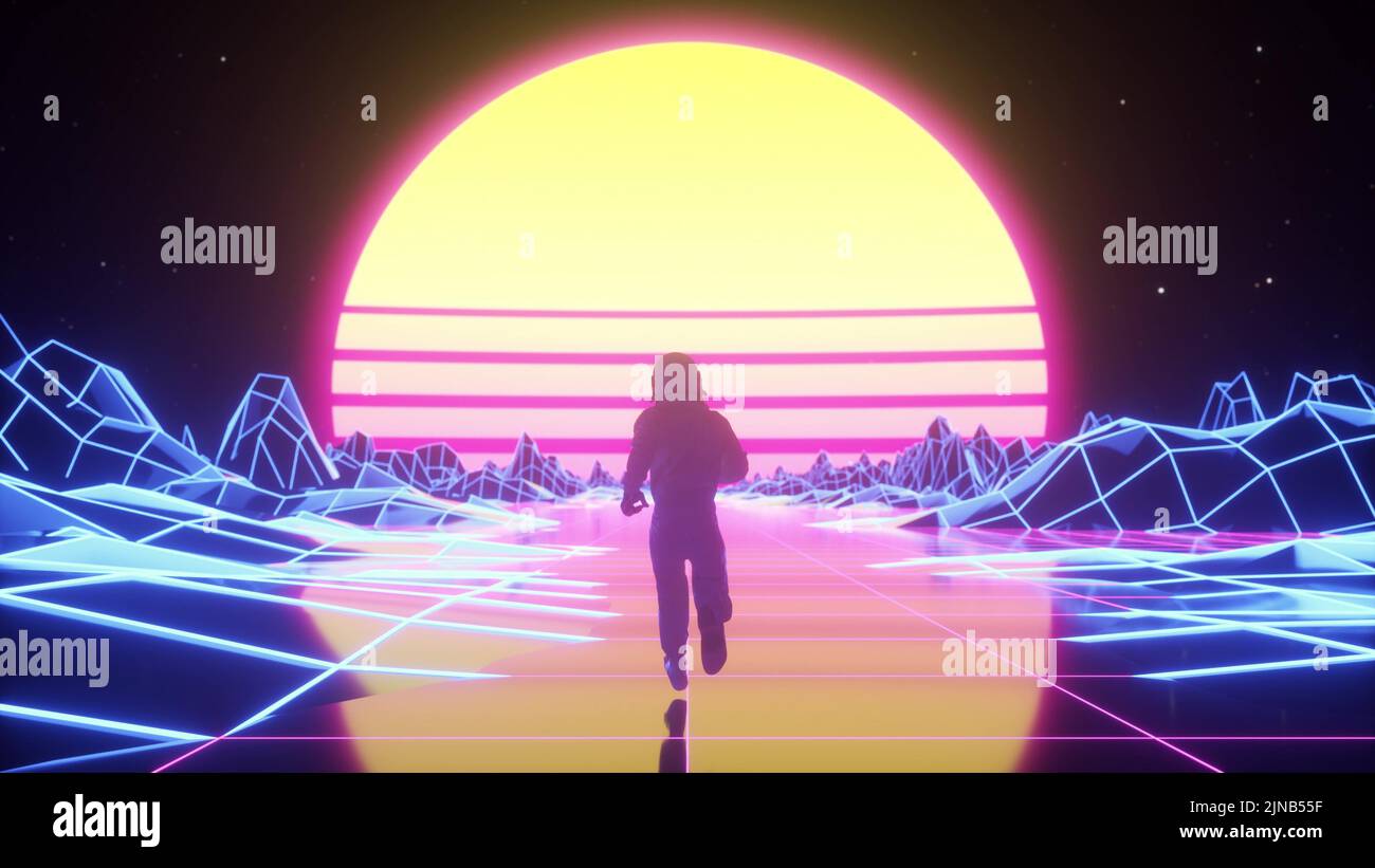 Astronaut runs surrounded by flashing neon lights. Retro 80s style ...