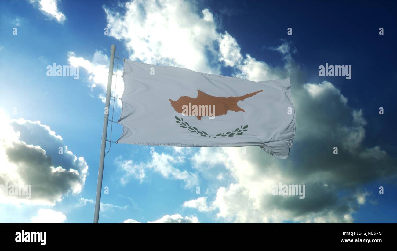 Flag of Cyprus waving at wind against beautiful blue sky. 3d ...