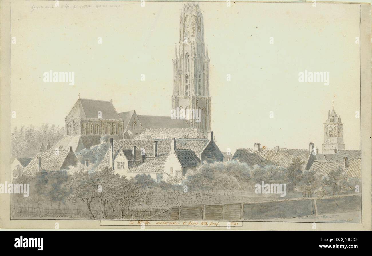 Te Delft uit het oosten te zien, 1828 junij , Balthasar Jooss, SA Delft ...