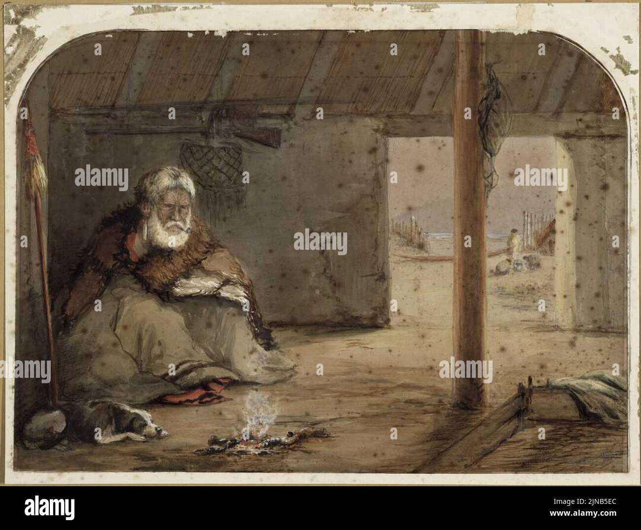 Te Puni seated in a whare in Pito-one Pa, watercolour by Charles ...