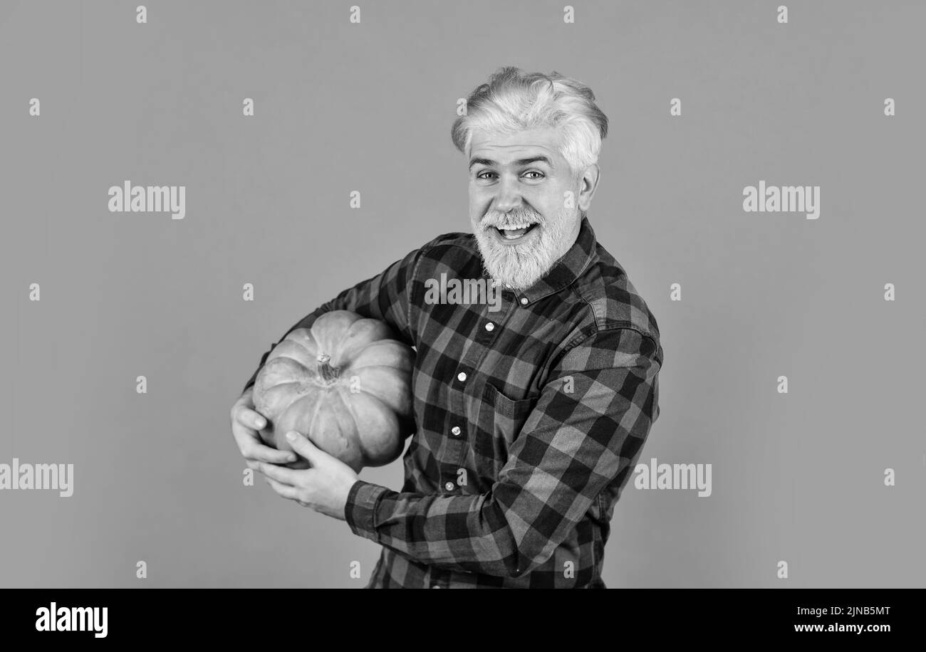 Farmer carry big pumpkin. Man bearded rustic farmer presenting ...