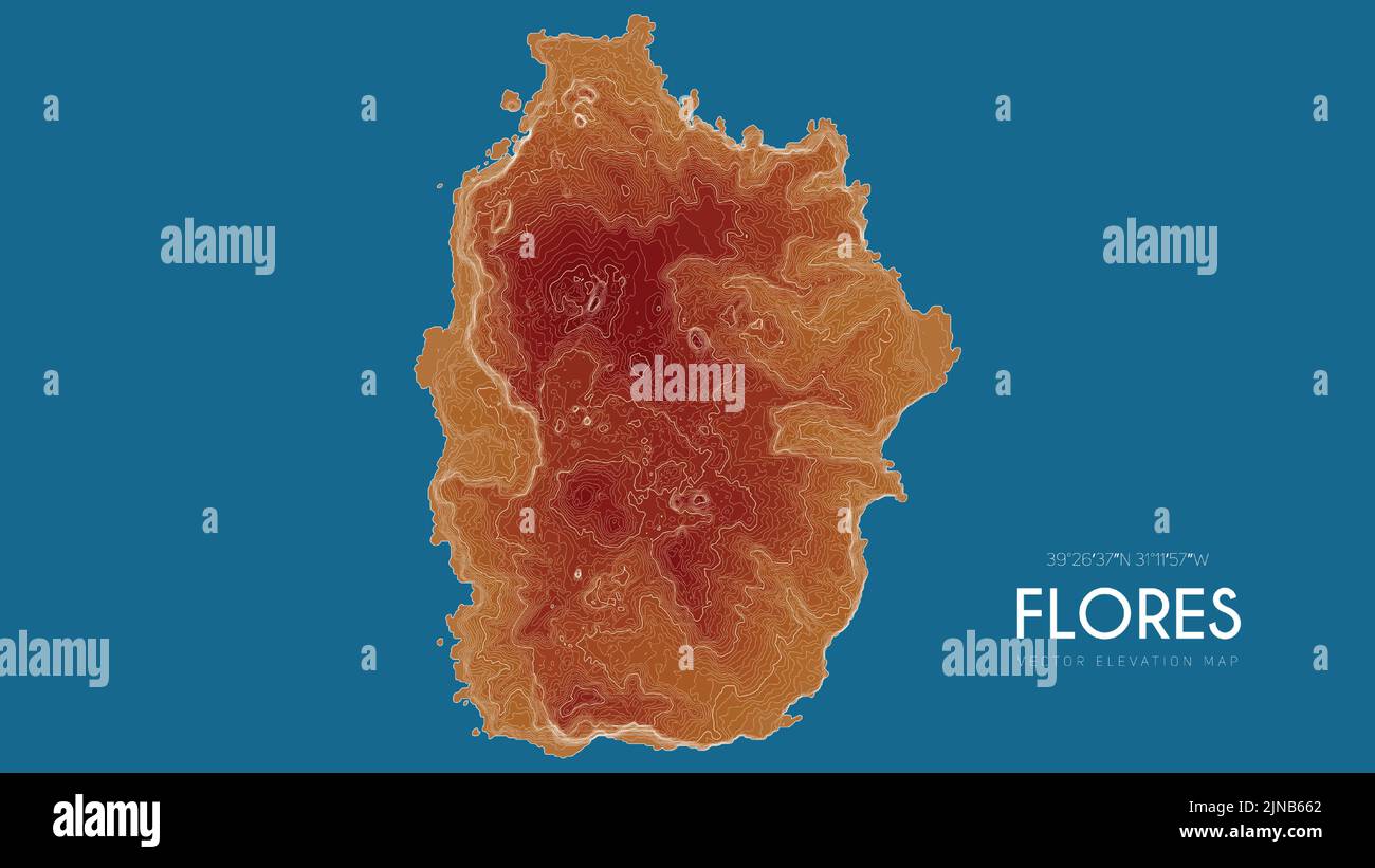 Topographic map of Flores, Azores Islands, Portugal. Vector detailed elevation map of island ...
