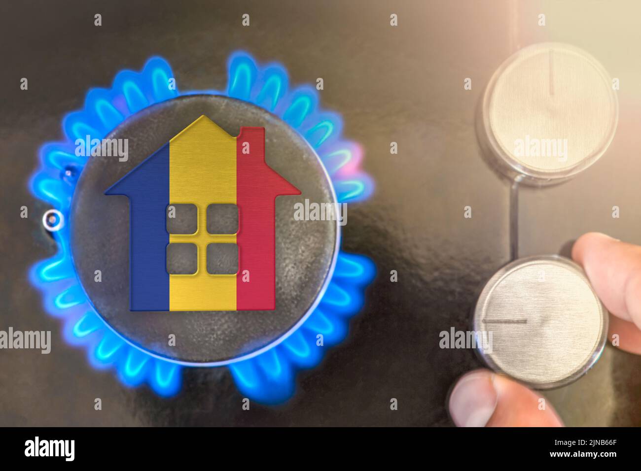Heating season or gas use in Romania. Concept, model of a house stands ...
