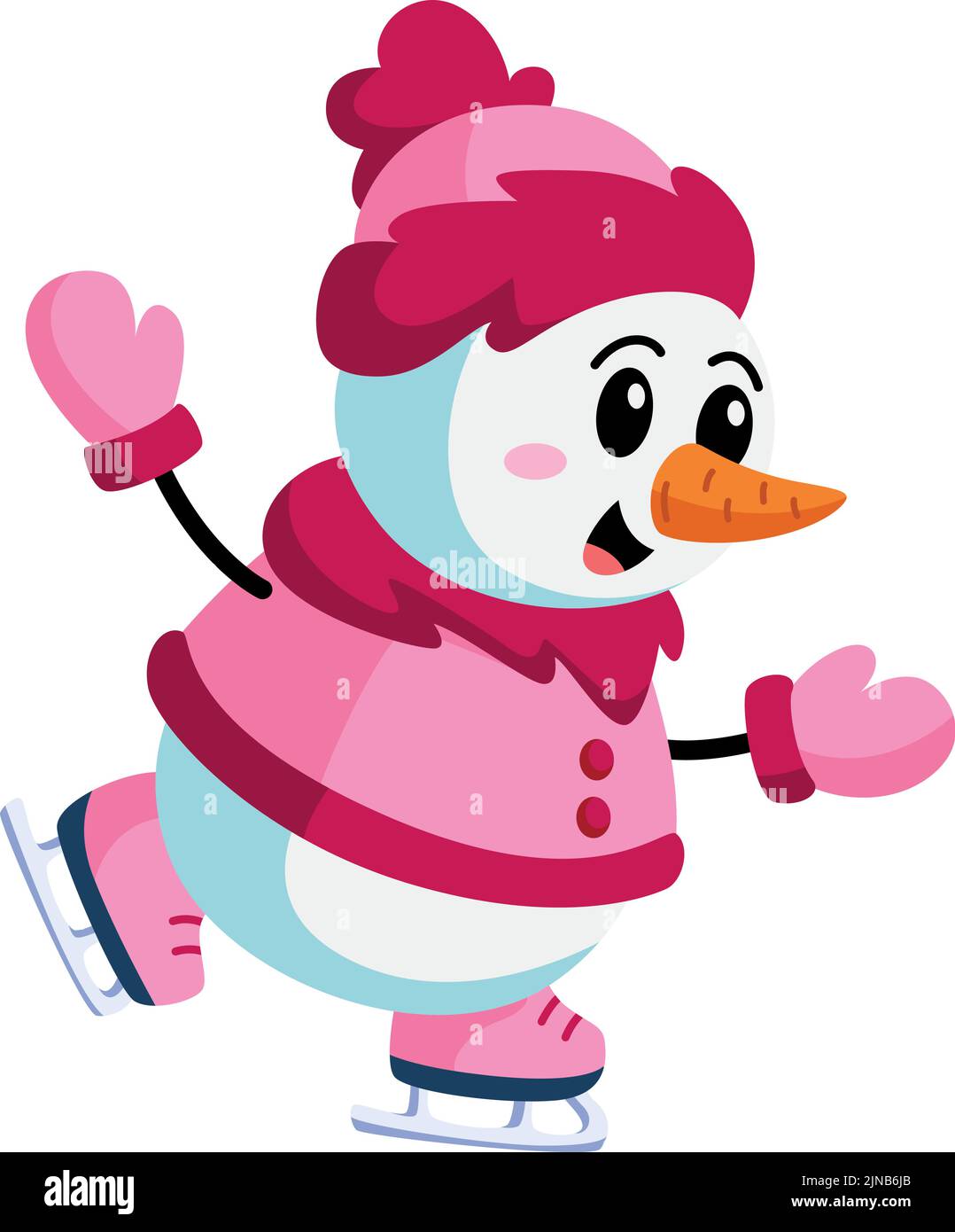 Ice skating snowman in pink clothes. Joyful cartoon character Stock ...