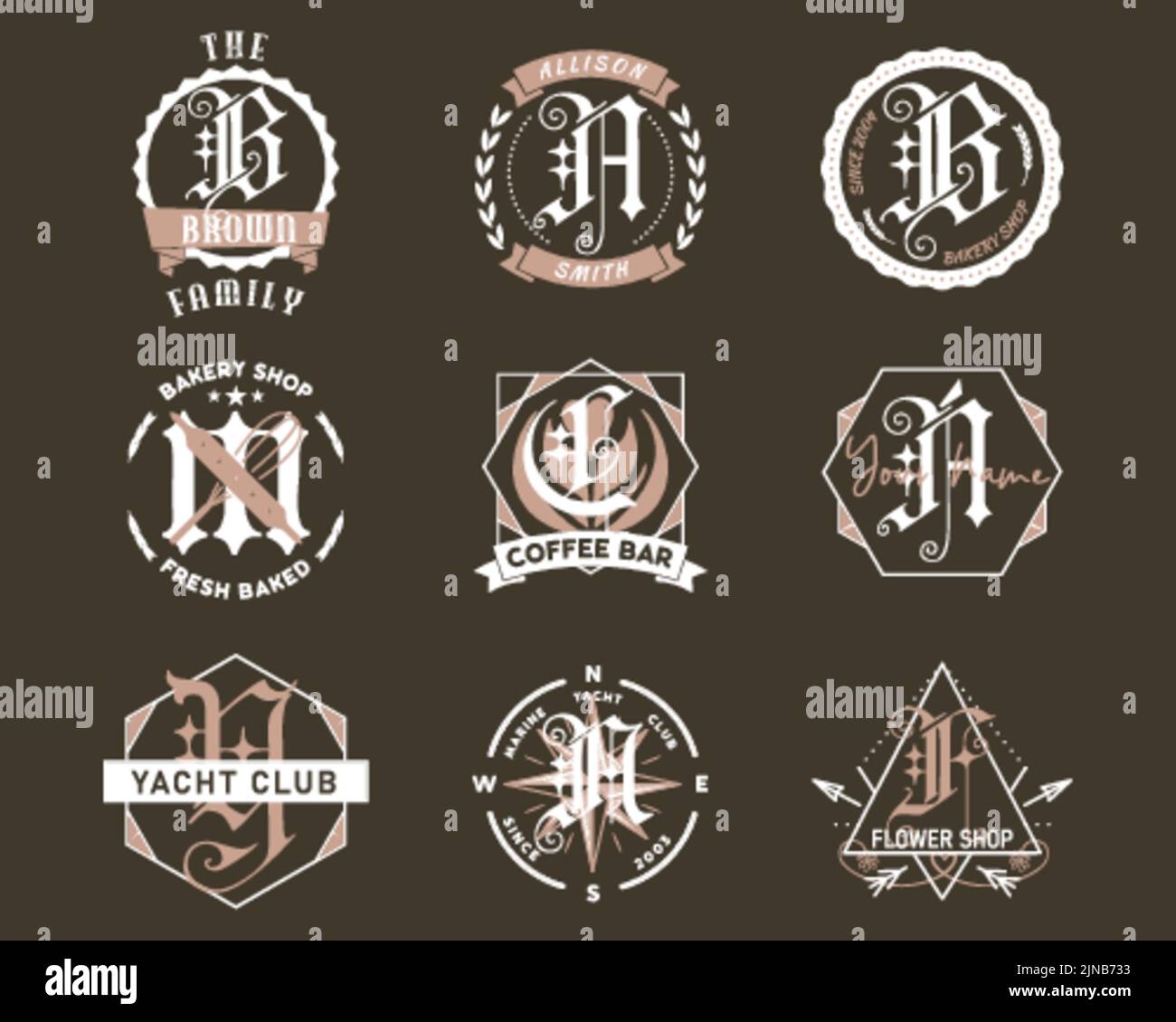 Monogram logo designs set. Classic monograms with different phrases and ...