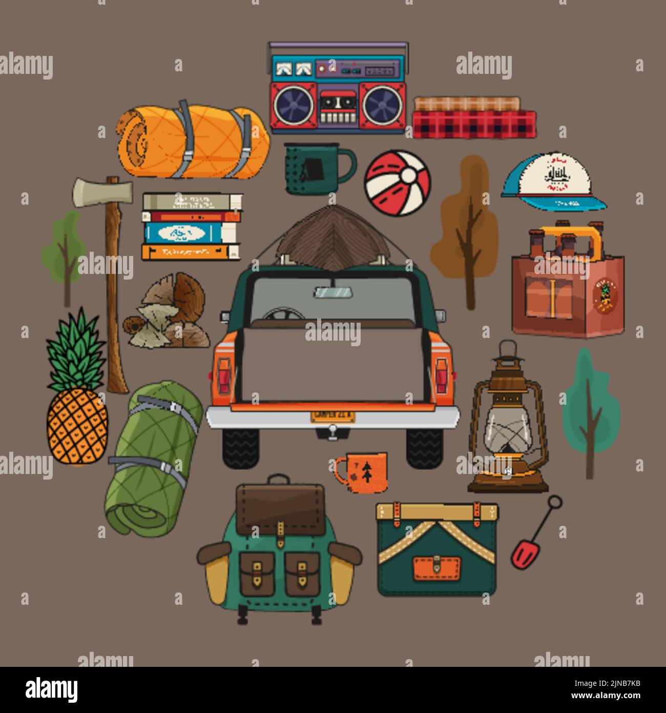 Camping adventure clipart set in round style. Summer hiking and ...