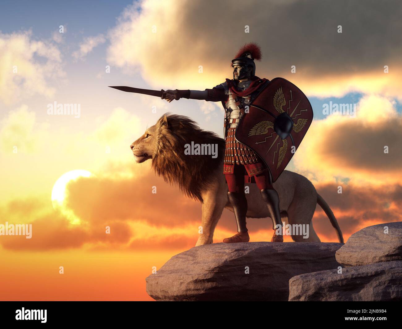 A Roman centurion poses next to a lion with his sword drawn Stock Photo ...