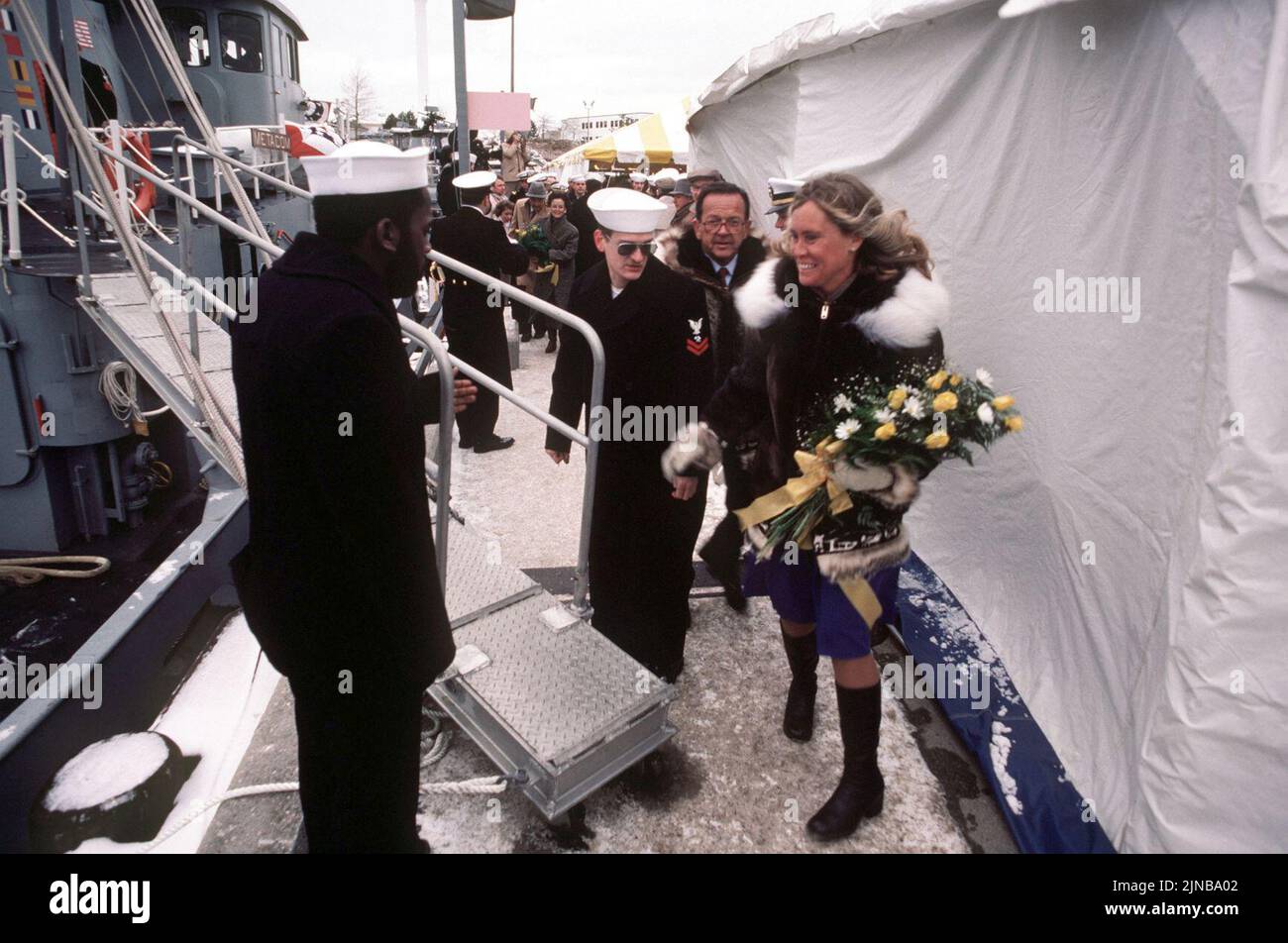 Ted Stevens, R-Alaska, and his wife, Catherine, board a tug after the ...