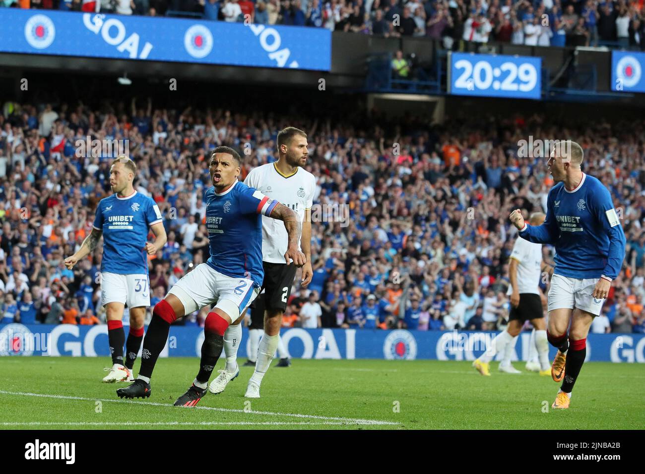 James Tavernier, captain of Rangers FC, celebrating scoring from a ...