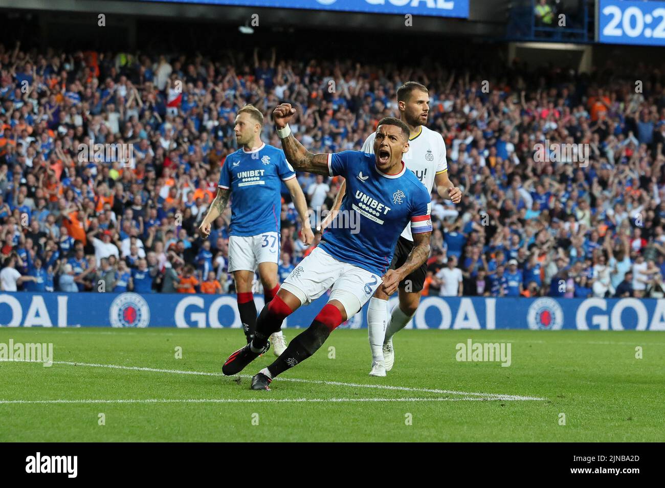 James Tavernier, captain of Rangers FC, celebrating scoring from a ...