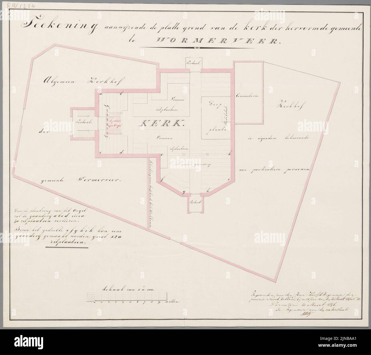 Teekening aanwijzende de plattegrond van de kerk der Herv. Gemeente te Wormerveer 1 techn.tek ...