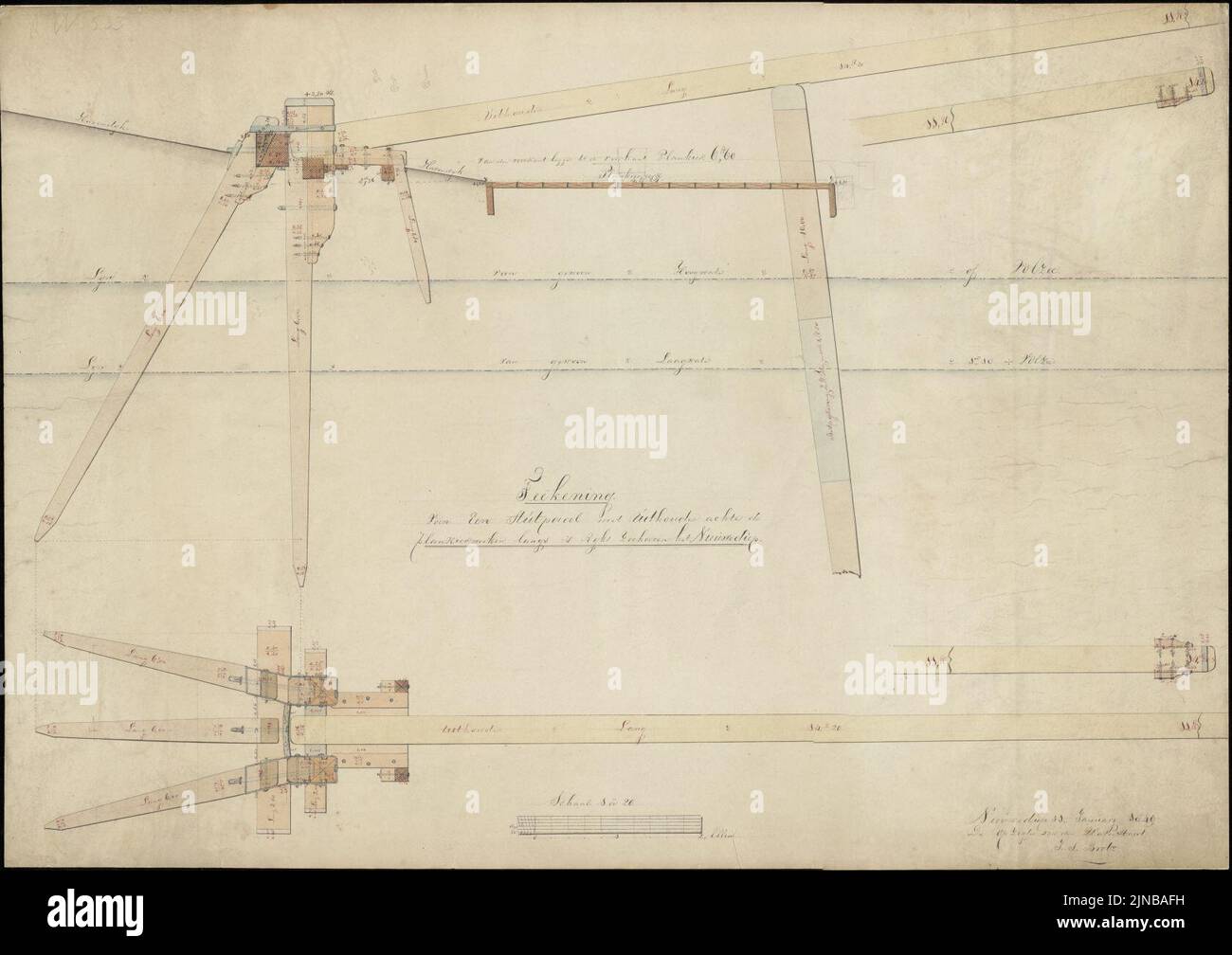 Teekening van een stutpaal met uithouder achter de plankierwerken langs ...