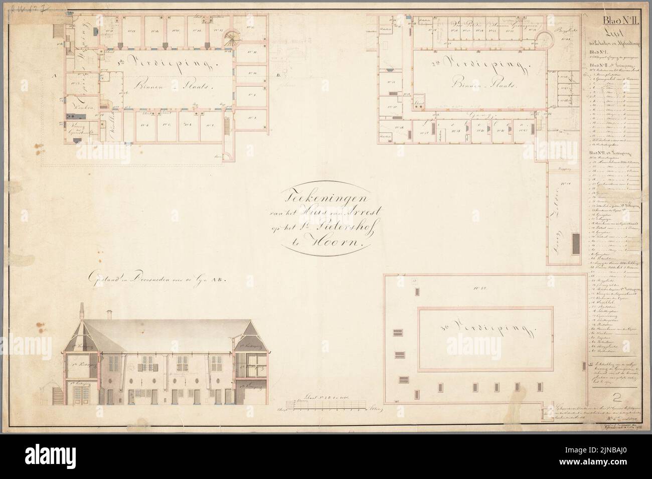 Teekeningen van het huis van arrest op het St. Pietershof te Hoorn. Gemerkt No. II. 2 exemplaren ...