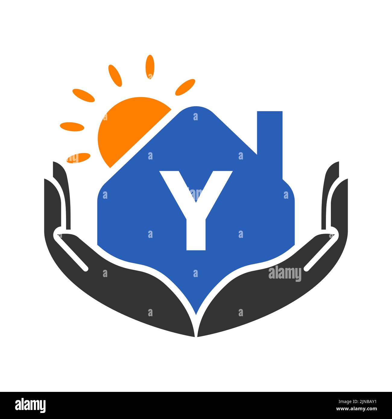 Real Estate Logo On Letter Y Sign, Concept with Sun, House and Hand ...