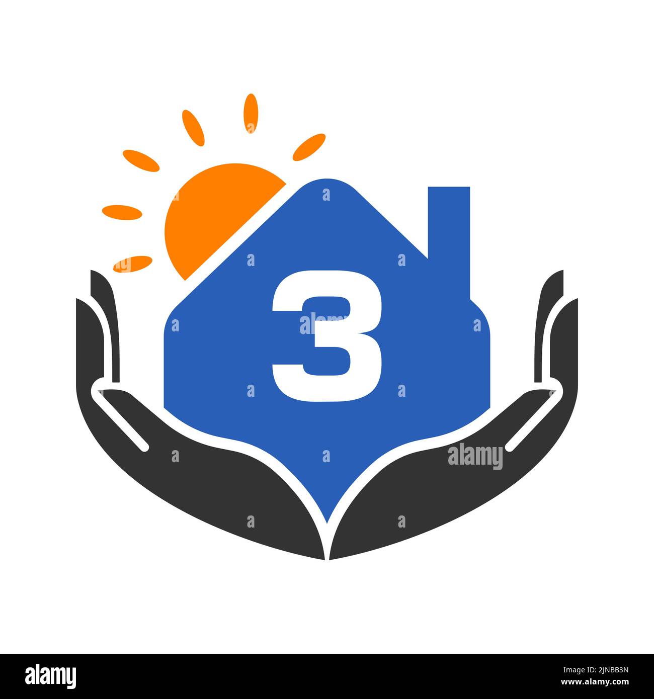 Real Estate Logo On Letter 3 Sign, Concept with Sun, House and Hand ...