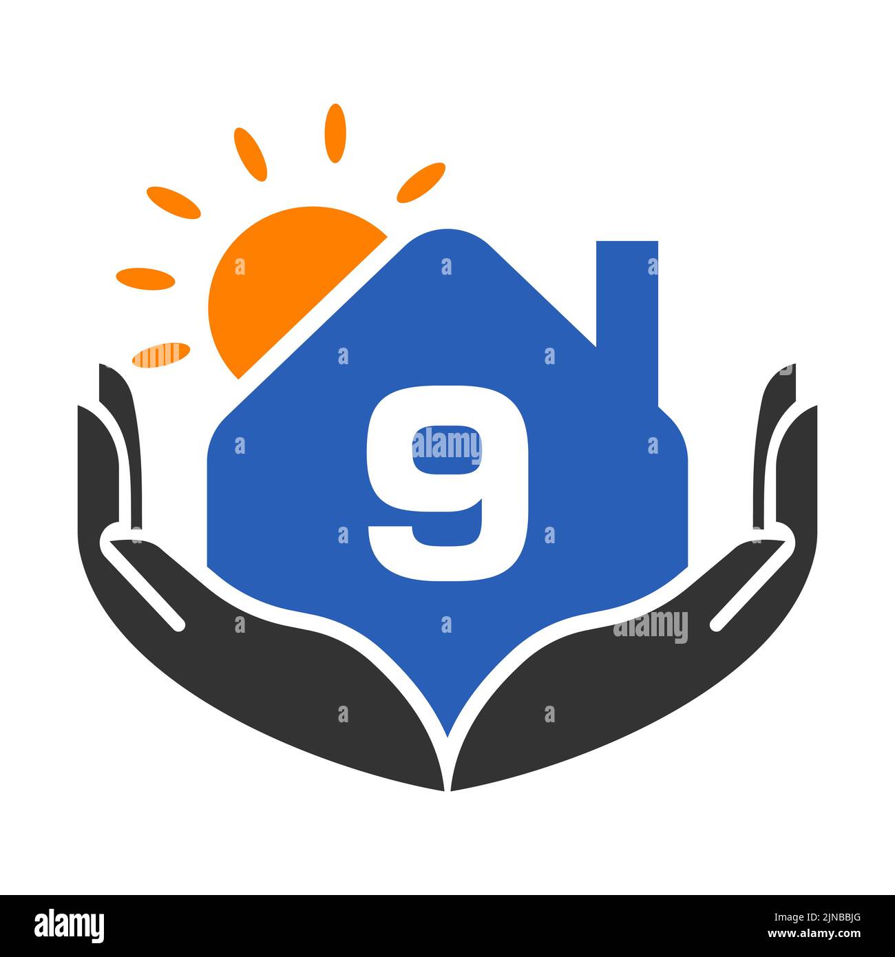 Real Estate Logo On Letter 9 Sign, Concept with Sun, House and Hand ...