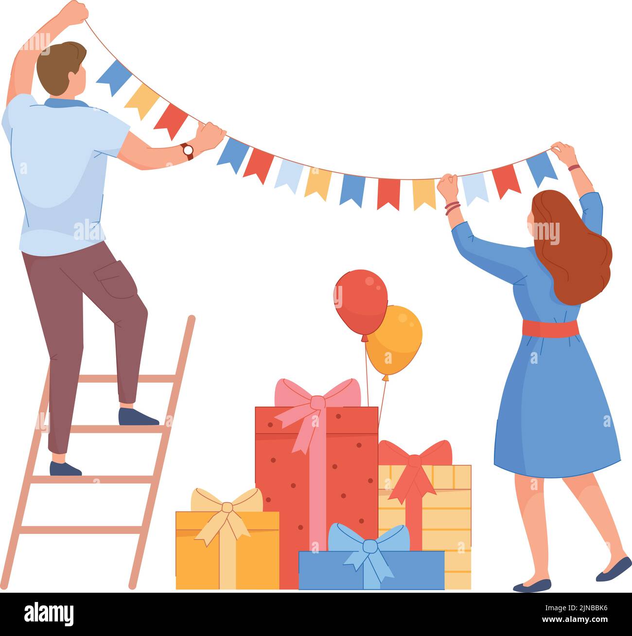 Party preparation. Man and woman decorating room for holiday isolated ...